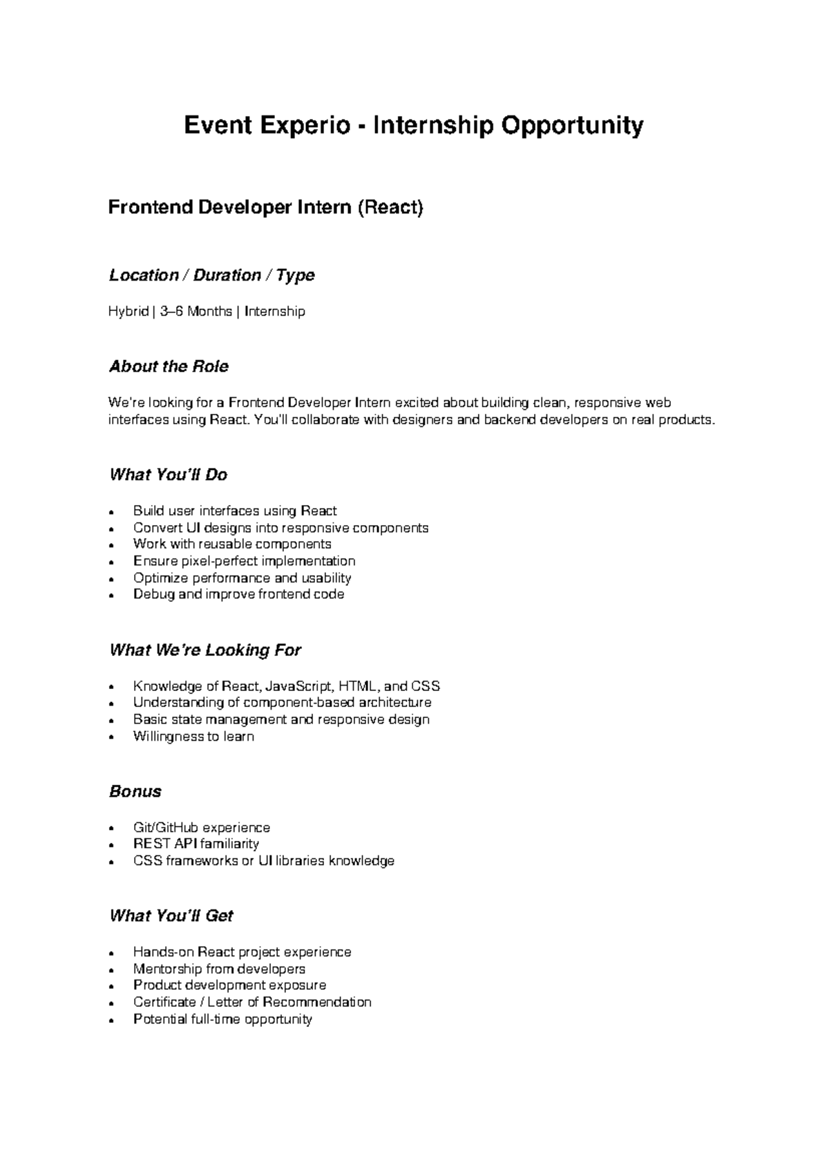 Frontend Developer Intern (React) - Internship Opportunity - Studocu