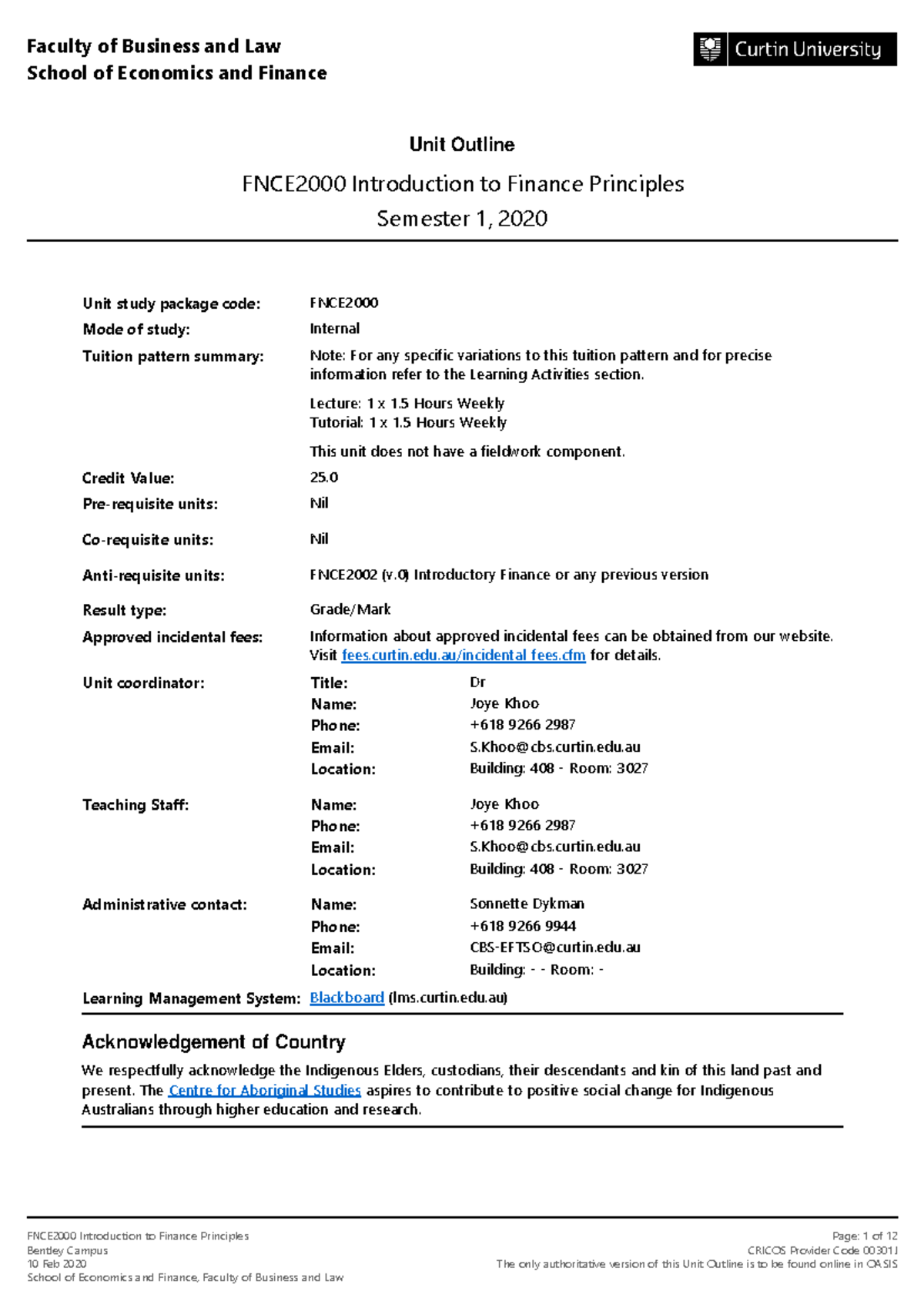 FNCE2000 Unit Outline: Introduction to Finance Principles, S1 2020 ...