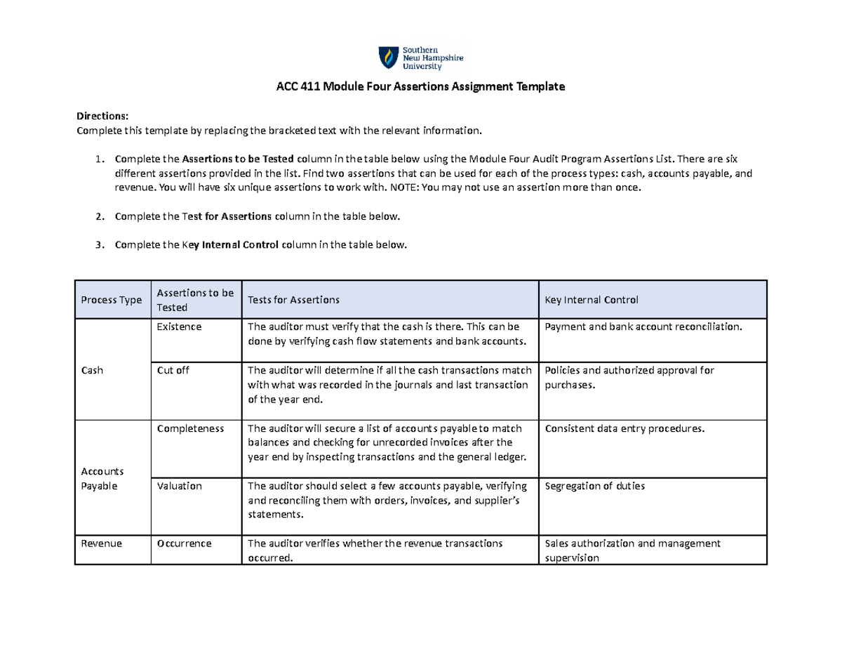 ACC 411 Module 4 Assertions Assignment Template Guide - Studocu