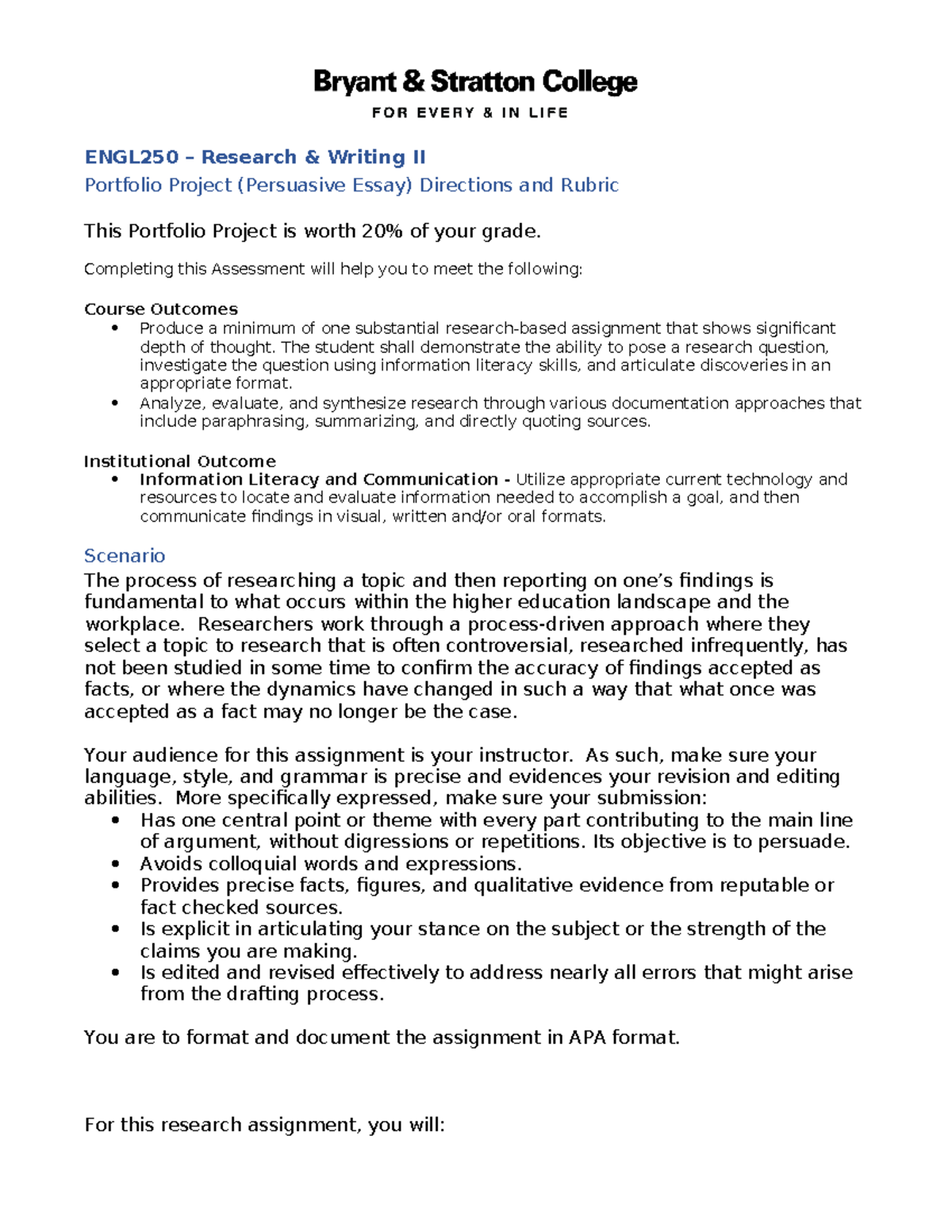 ENGL250 - Persuasive Essay Portfolio Project Directions & Rubric - Studocu