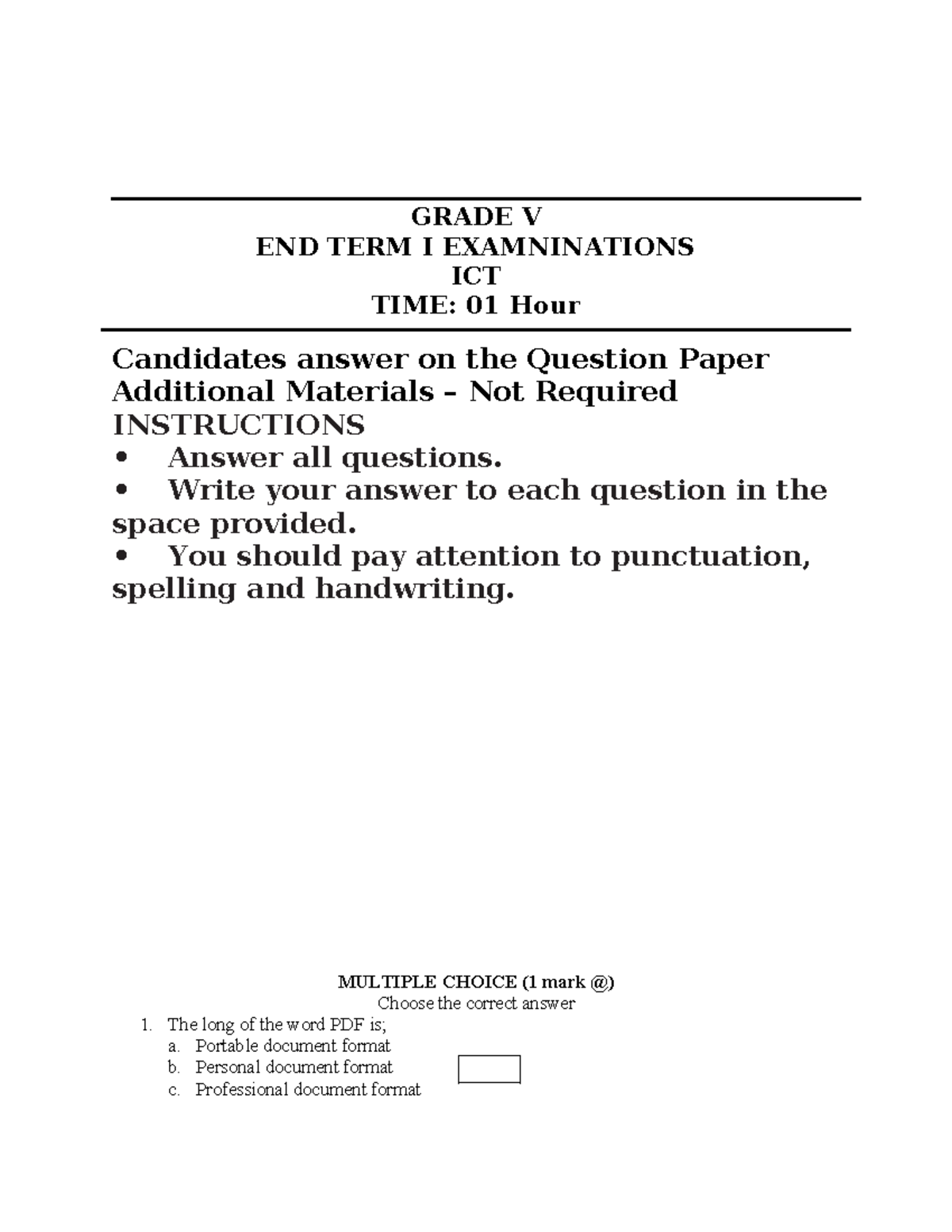 Grade 5 ICT - End Term I Exam Questions and Instructions - Studocu
