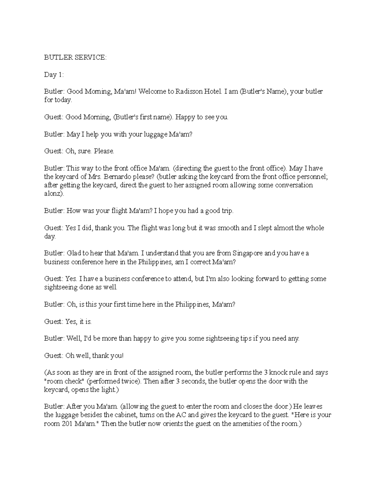 Butler Service Procedures - BUTLER SERVICE: Day 1: Butler: Good Morning ...