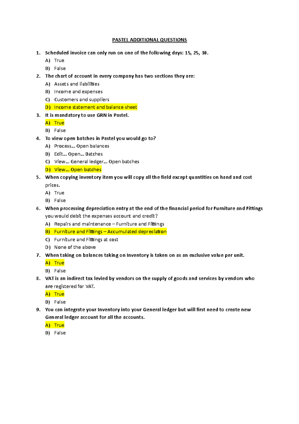 Pastel Additional Questions - Accounting Practice (003) - Studocu