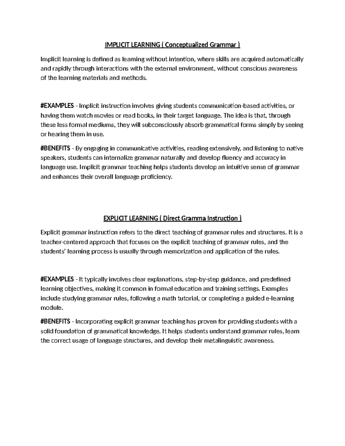 IMPLICIT & EXPLICIT LEARNING: Grammar Instruction Overview - Studocu
