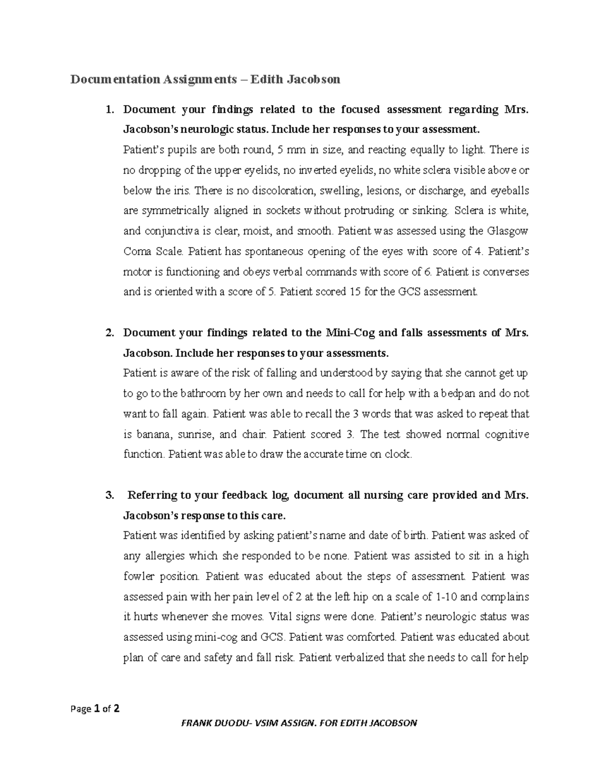 DA-VSIM- Patient Assessment Documentation for Edith Jacobson - Studocu
