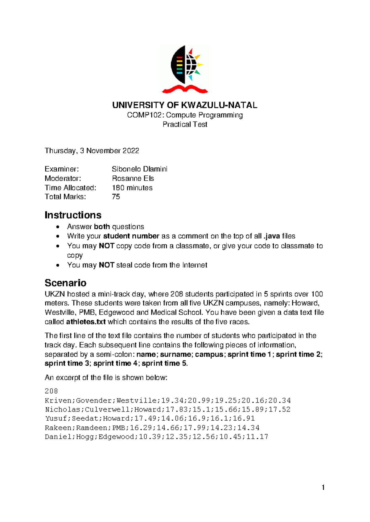 UNIVERSITY OF COMP102: Compute Programming Practical Test Questions and ...