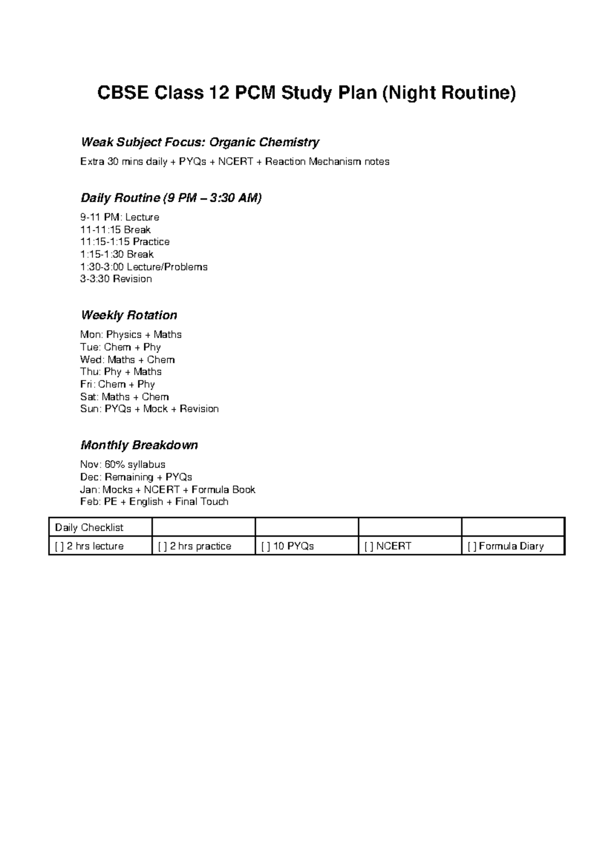 PCM material use - CBSE Class 12 PCM Study Plan (Night Routine) Weak ...
