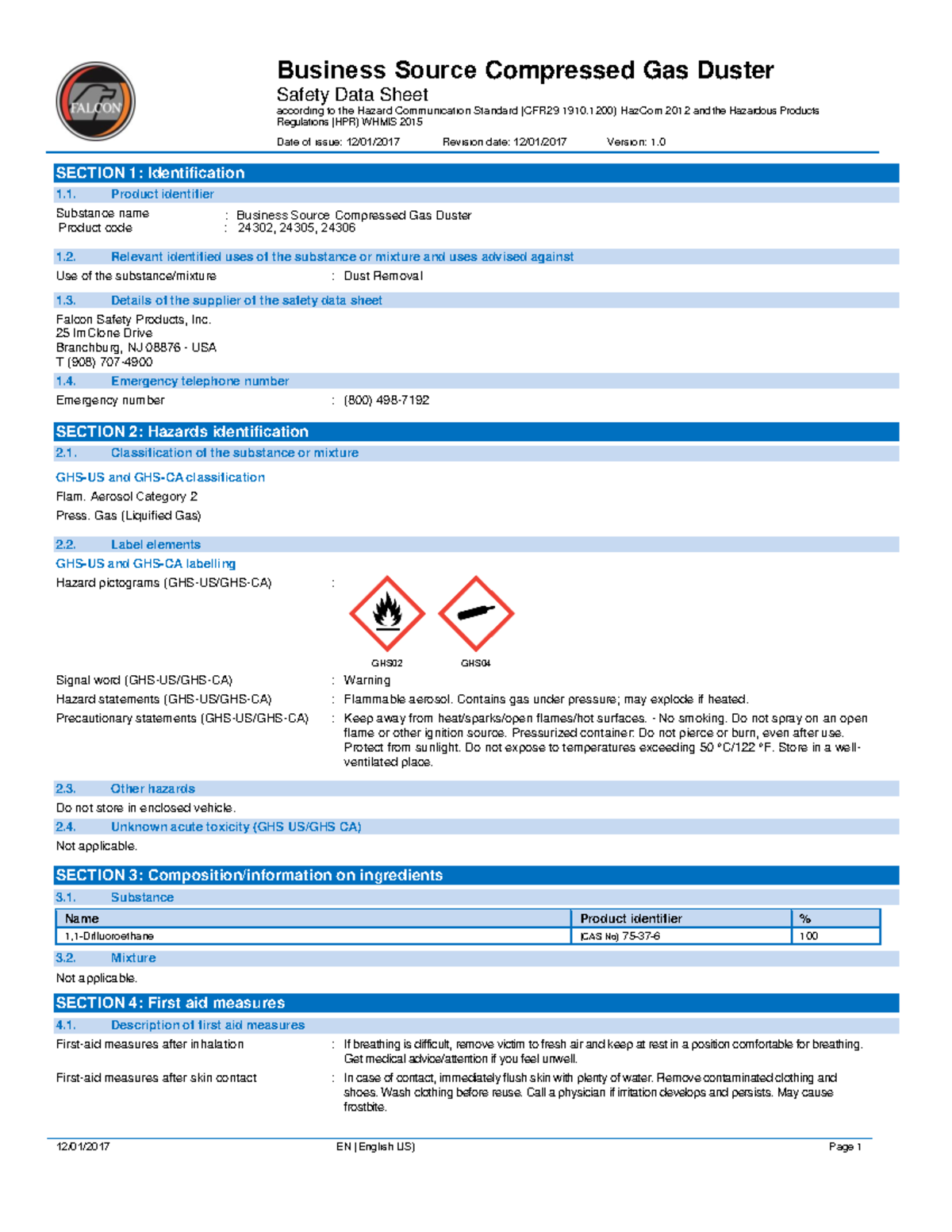 Business Source Compressed Gas Duster Safety Data Sheet (24302, 24305 ...