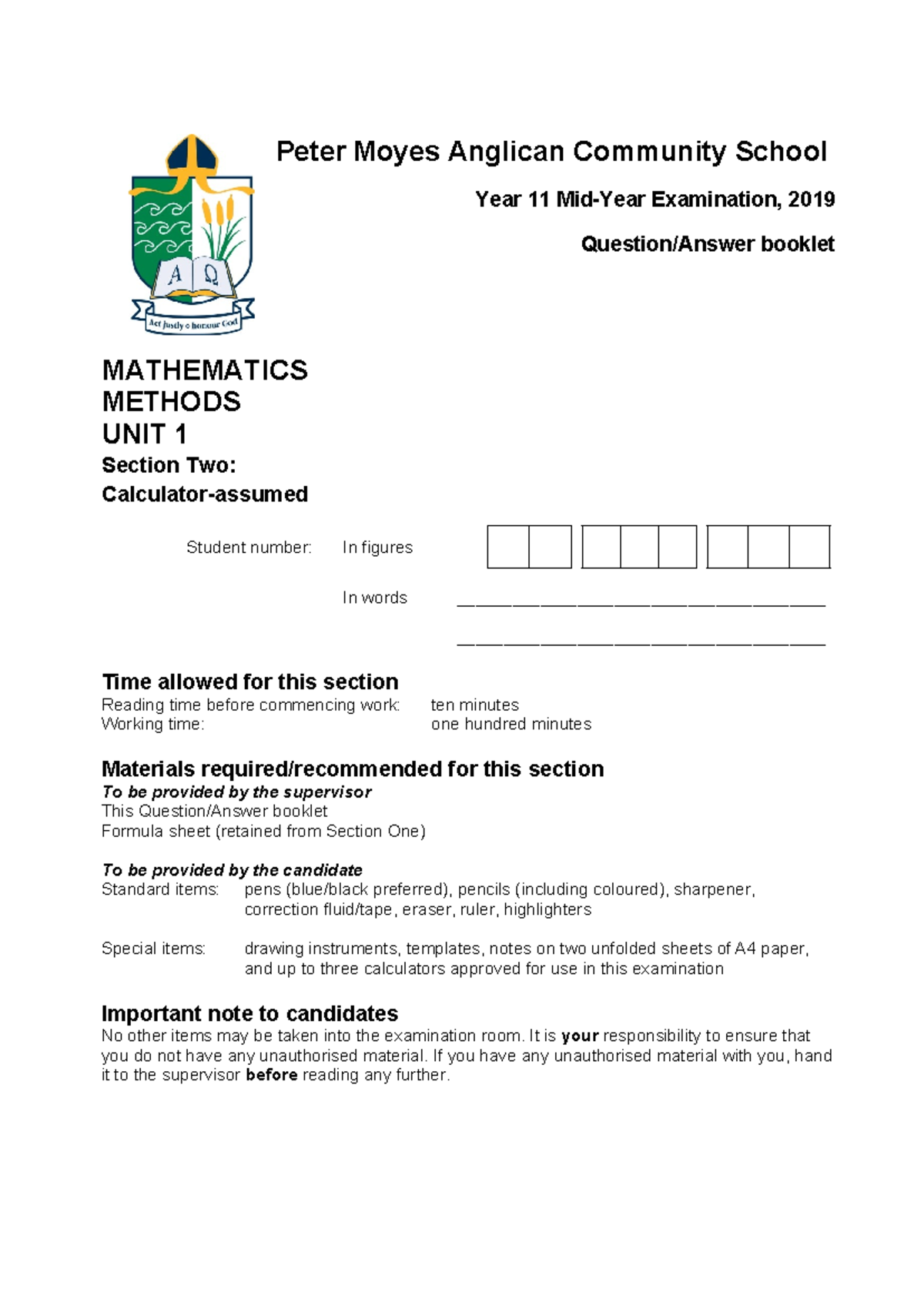2019 YR11 Mathematics Methods Exam Booklet - Unit 1 - Studocu