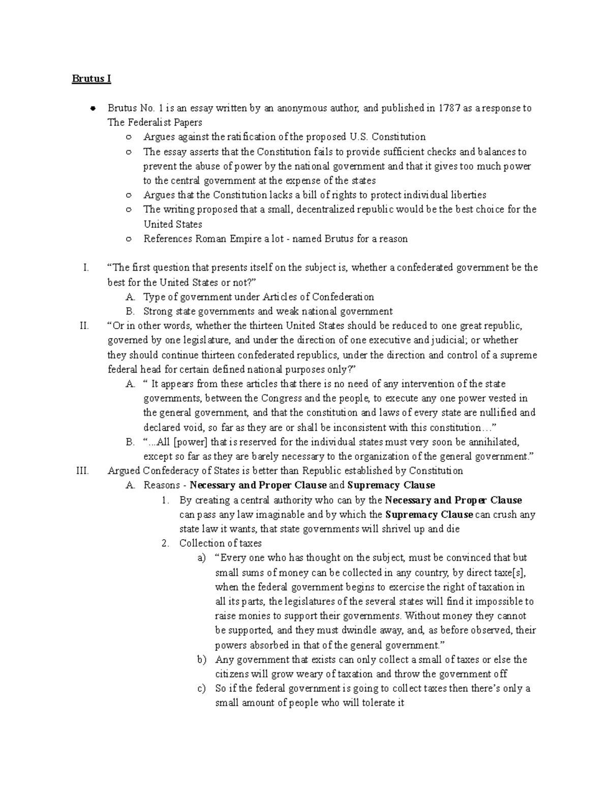 Brutus I & Federalist No. 51 Notes for AP Gov Students - Studocu