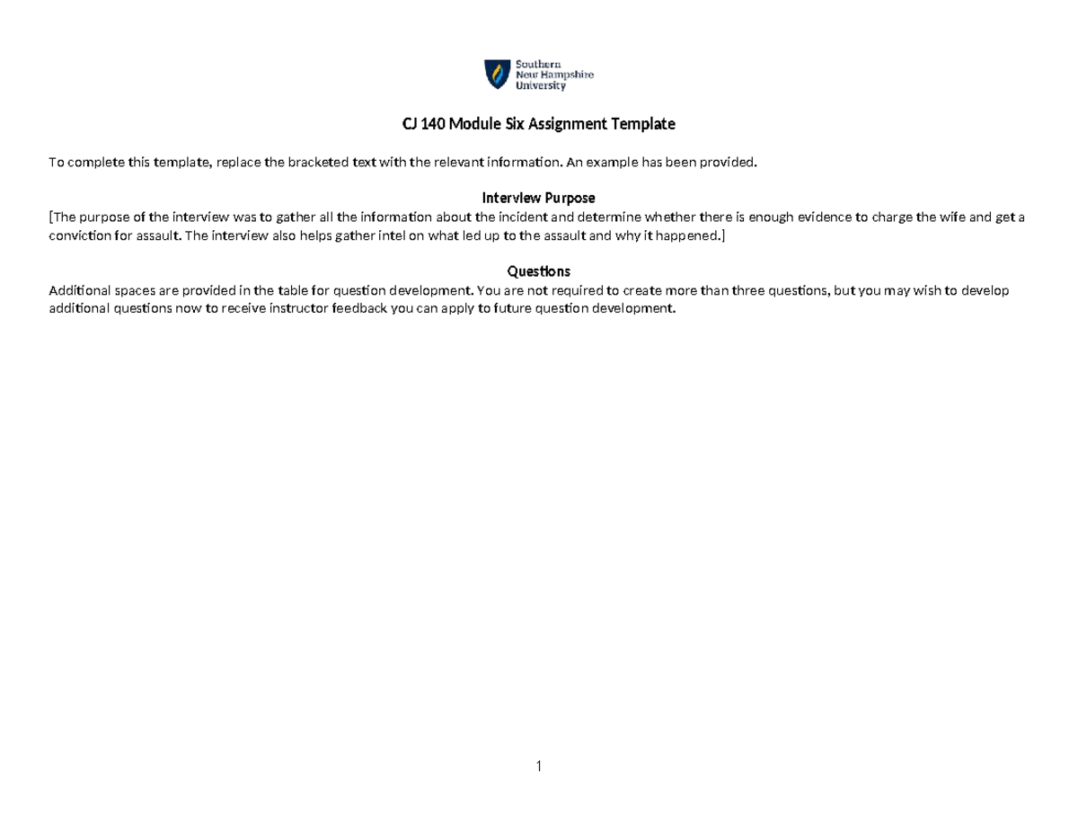 CJ 140 Module Six Assignment: Interview Purpose & Questions Template ...