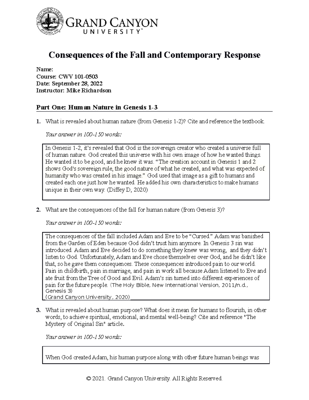CWV 101 Consequences of the Fall: A Contemporary Christian Analysis - Studocu