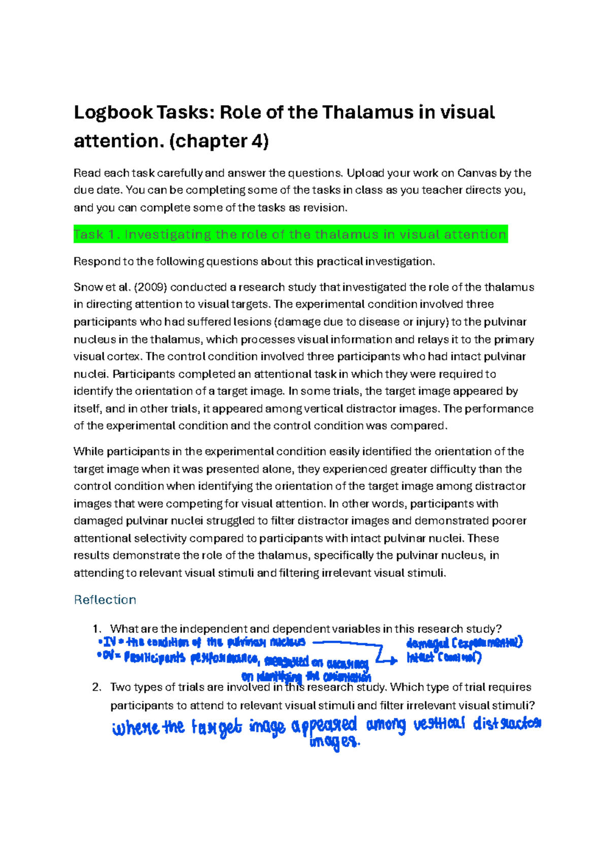 Logbook Task: Role of the Thalamus in Visual Attention (Chapter 4 ...