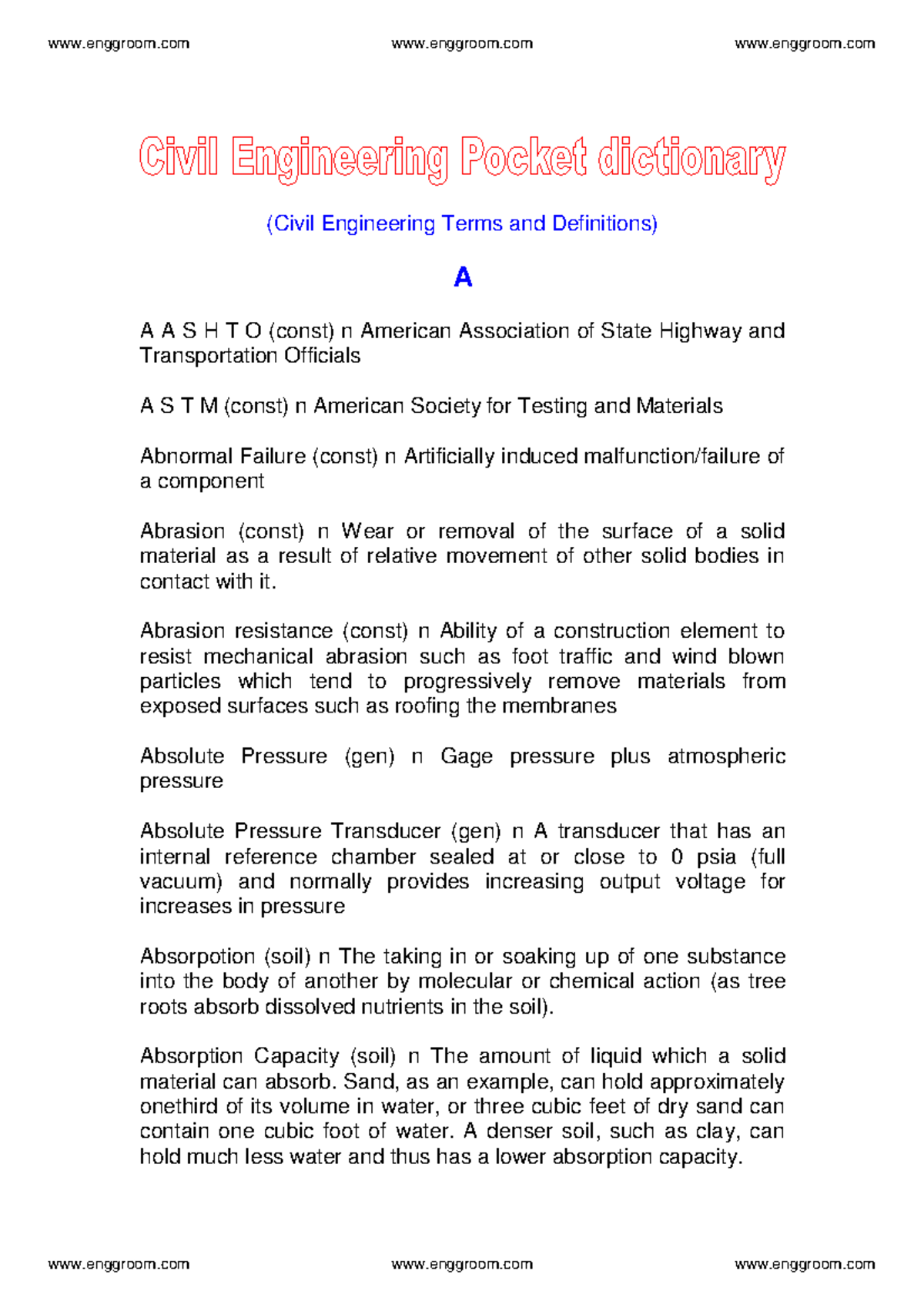 Civil Engineering Pocket Dictionary: Key Terms and Definitions - Studocu