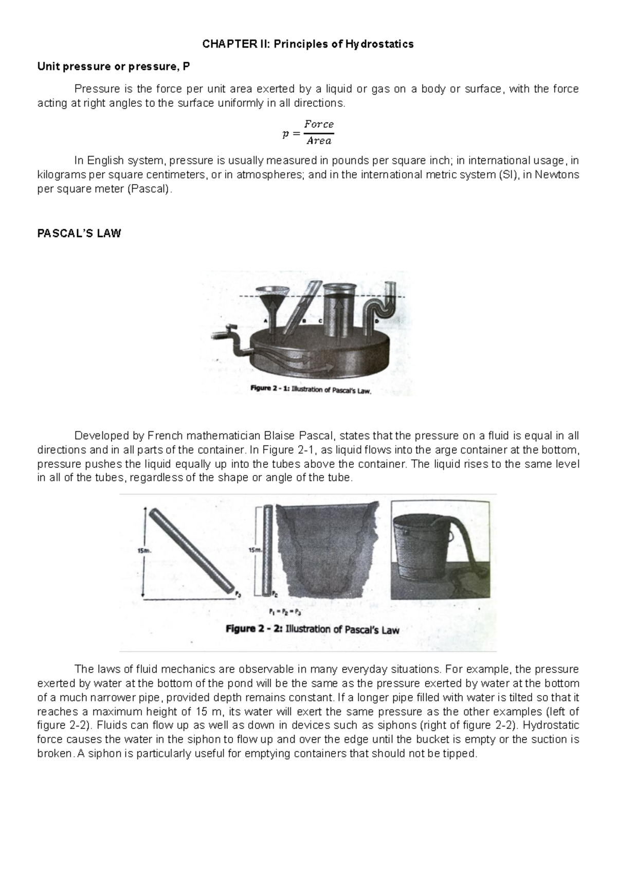 CHAPTER II: Principles of Hydrostatics - Unit Pressure and Measurement ...