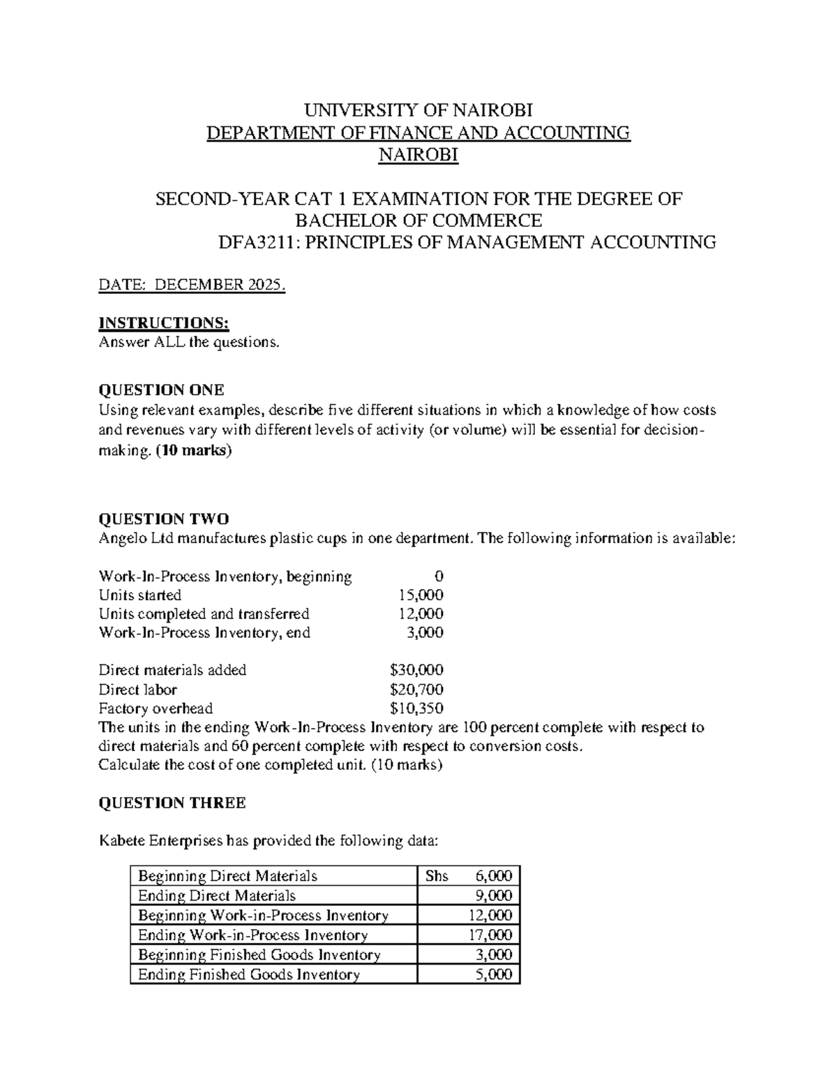 DFA3211 CAT 1 Exam: Principles of Management Accounting December 2025 ...