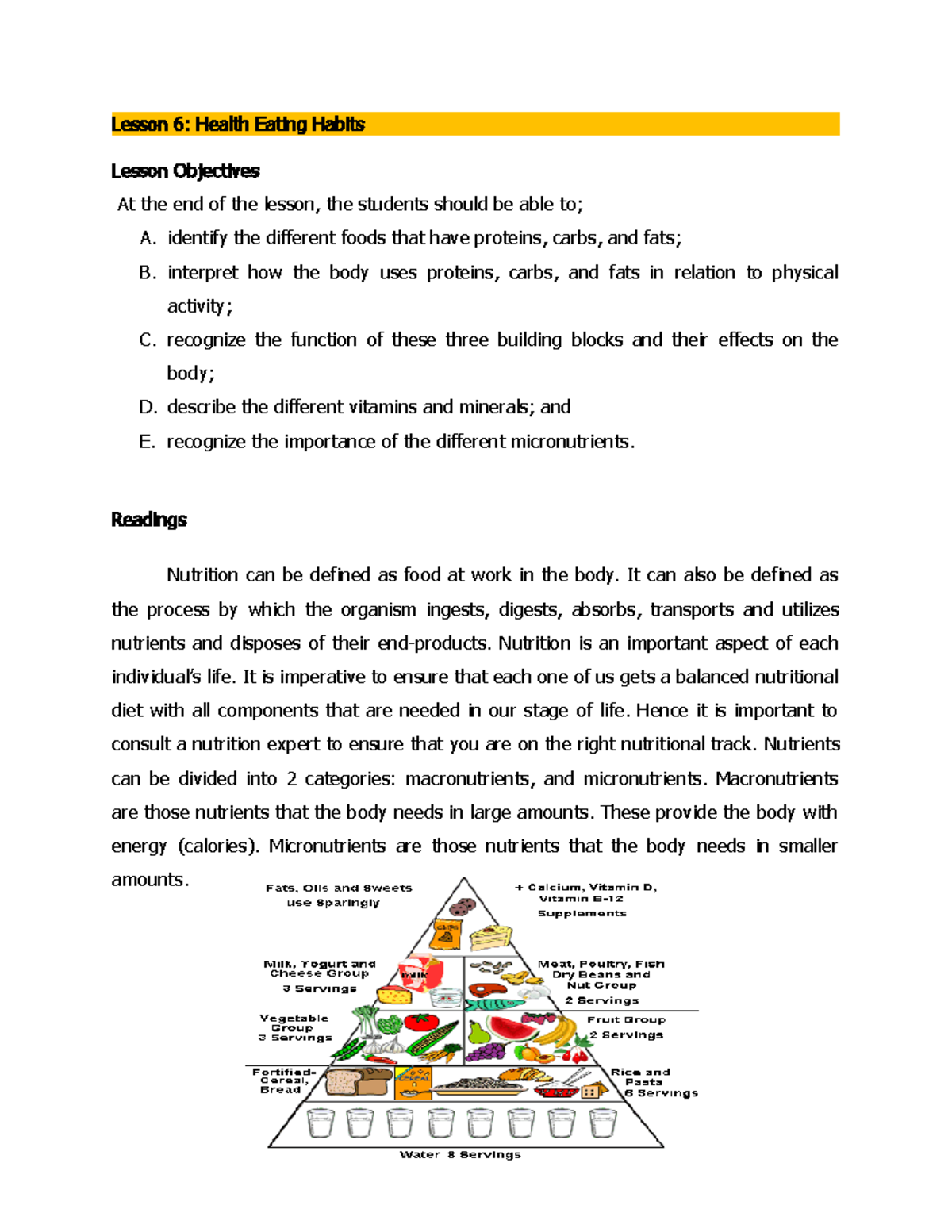 P - ............................... - Lesson 6 : Health Eating Habits ...