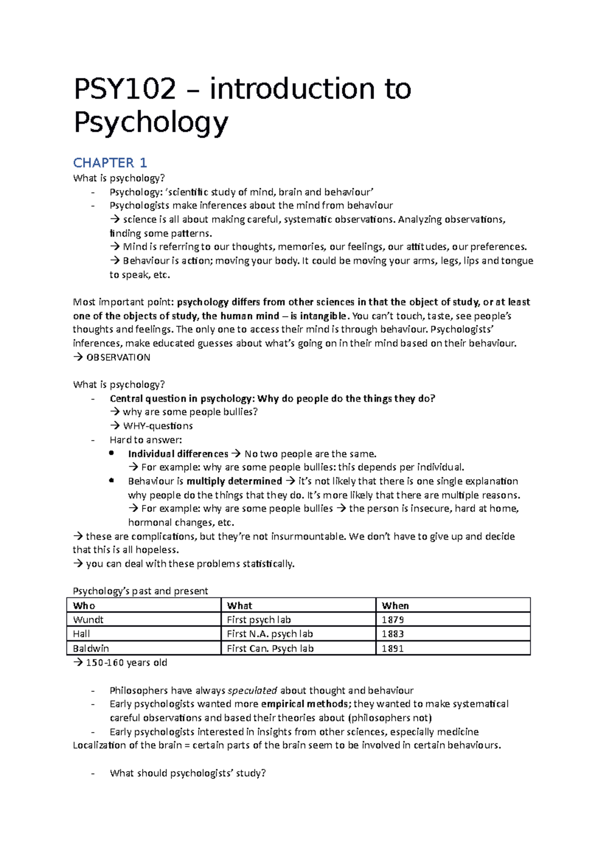 PSY102 Lecture Notes: Introduction to Psychology Overview - Studocu