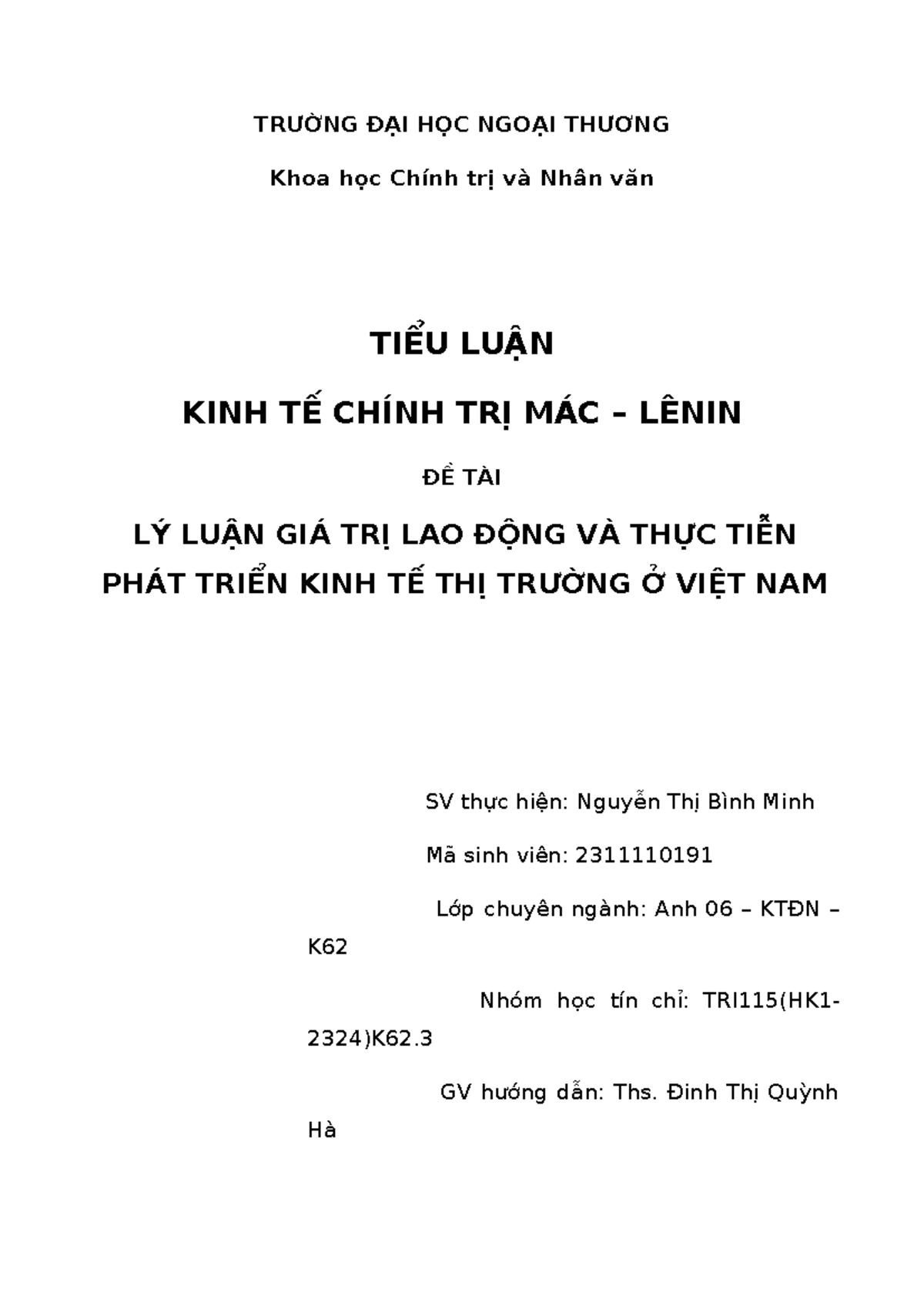 Tiểu luận ktct - efwe - TRƯỜNG ĐẠI HỌC NGOẠI THƯƠNG Khoa học Chính trị ...