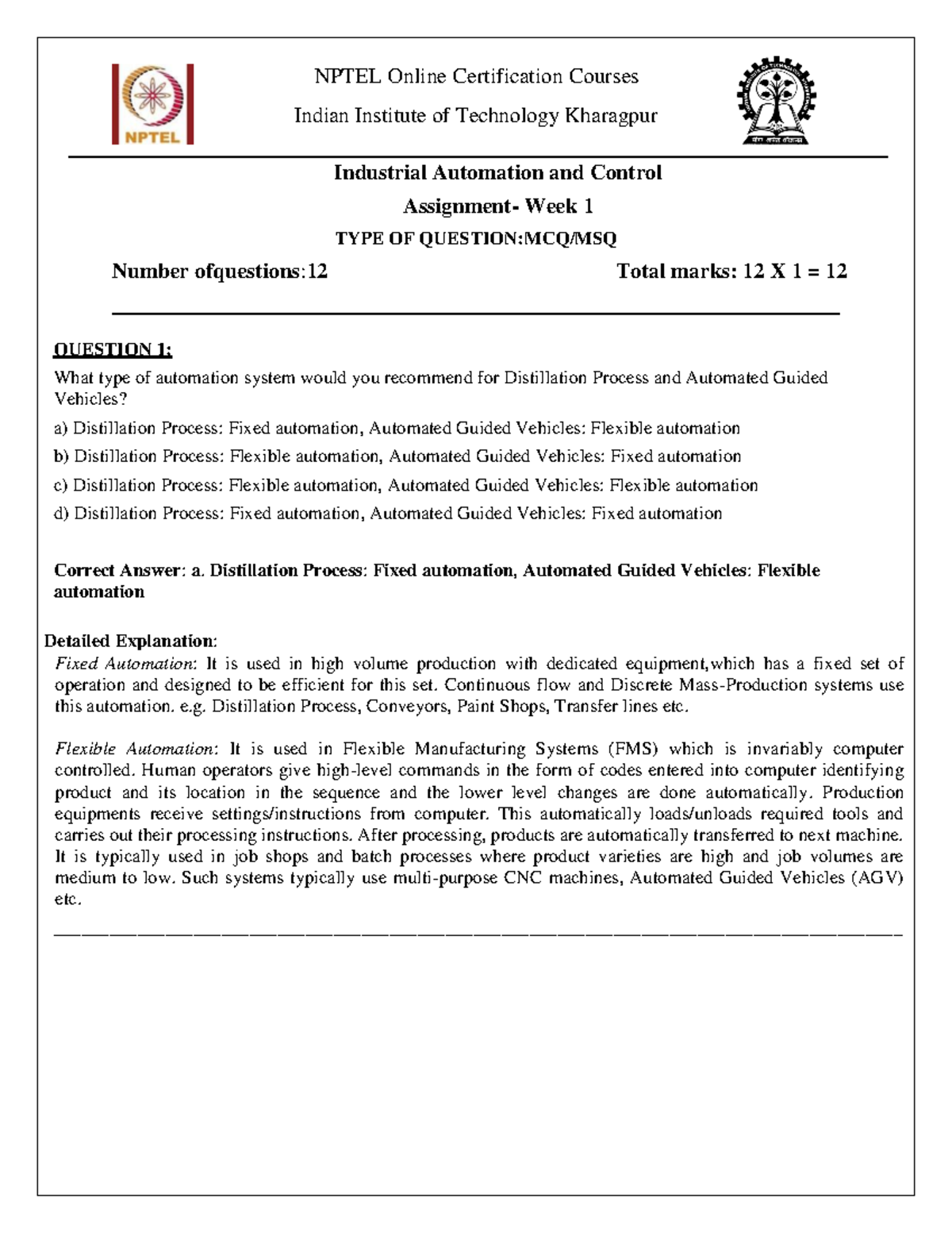 IITKGP 10EA: Industrial Automation - Week 1 Assignment Solutions - Studocu