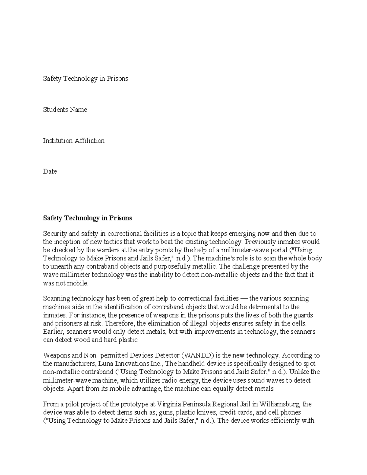 Safety Technology in Prisons - Safety Technology in Prisons Students ...
