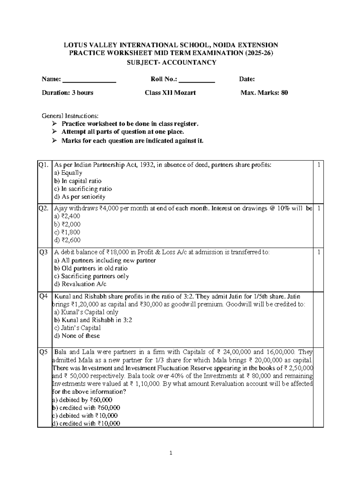 Practice Worksheet for Accountancy (Class XII, Mid Term) - Studocu