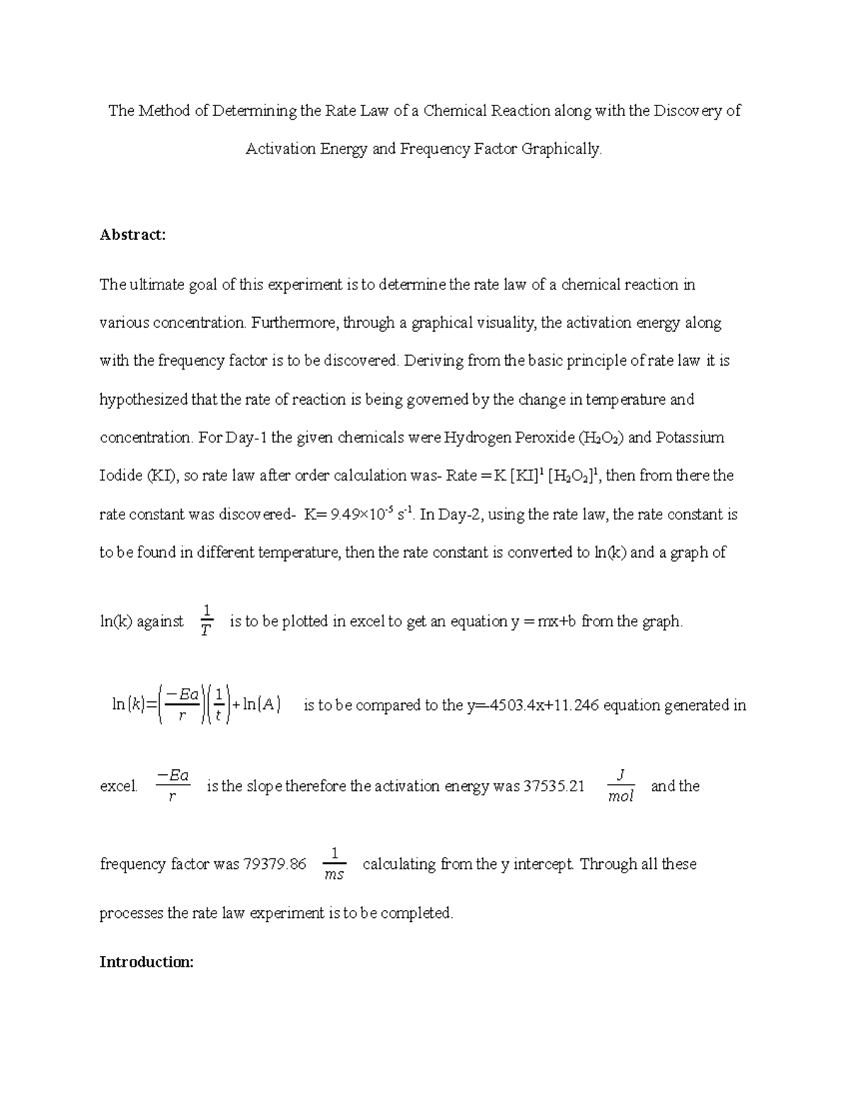 Lab report - The Method of Determining the Rate Law of a Chemical ...