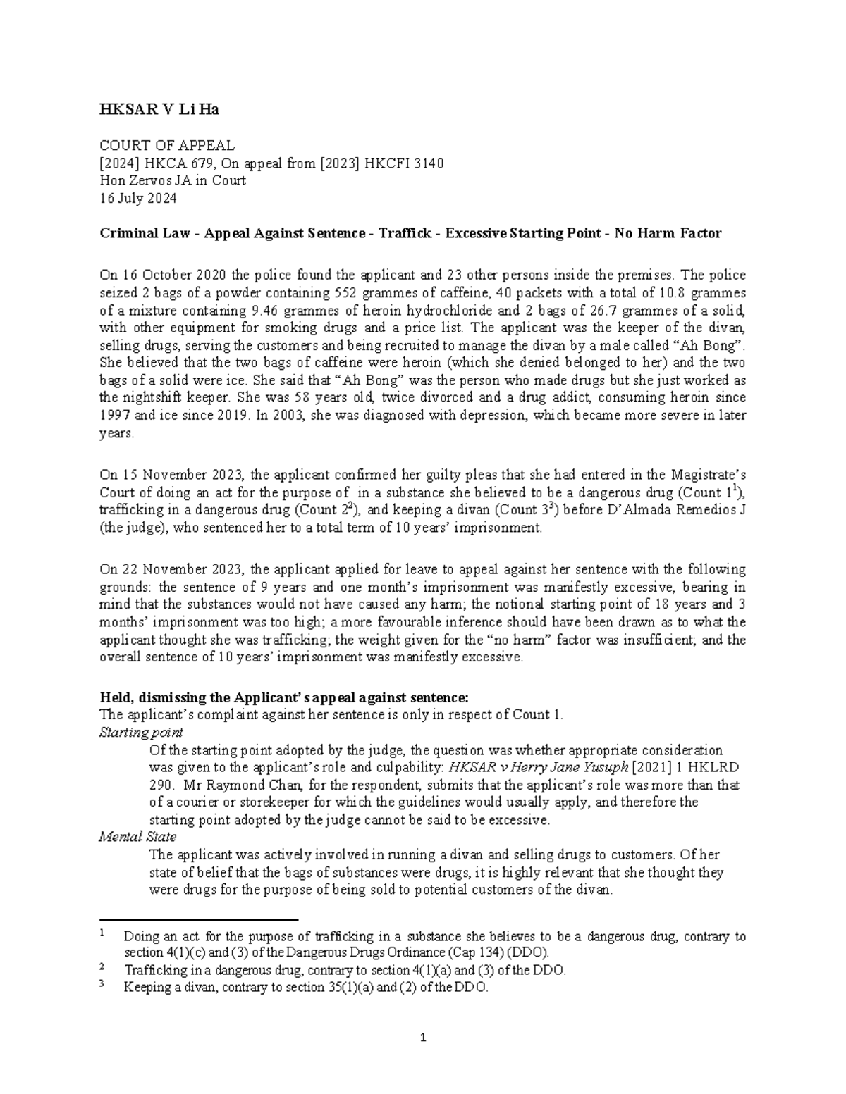 Law Report - Hksar V Li Ha - 1 HKSAR V Li Ha COURT OF APPEAL [2024 ...