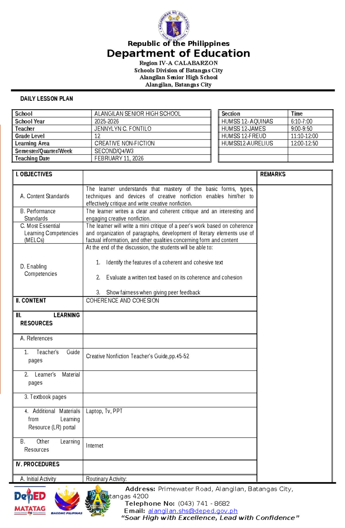 DLP 12 HUMSS: Creative Nonfiction Coherence Lesson Plan - Studocu