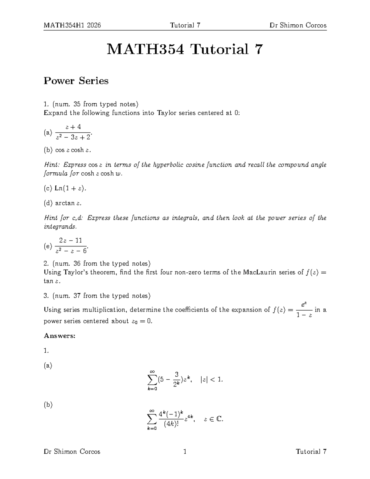 MATH354H1 2026 Tutorial 7: Power Series Expansion Techniques - Studocu