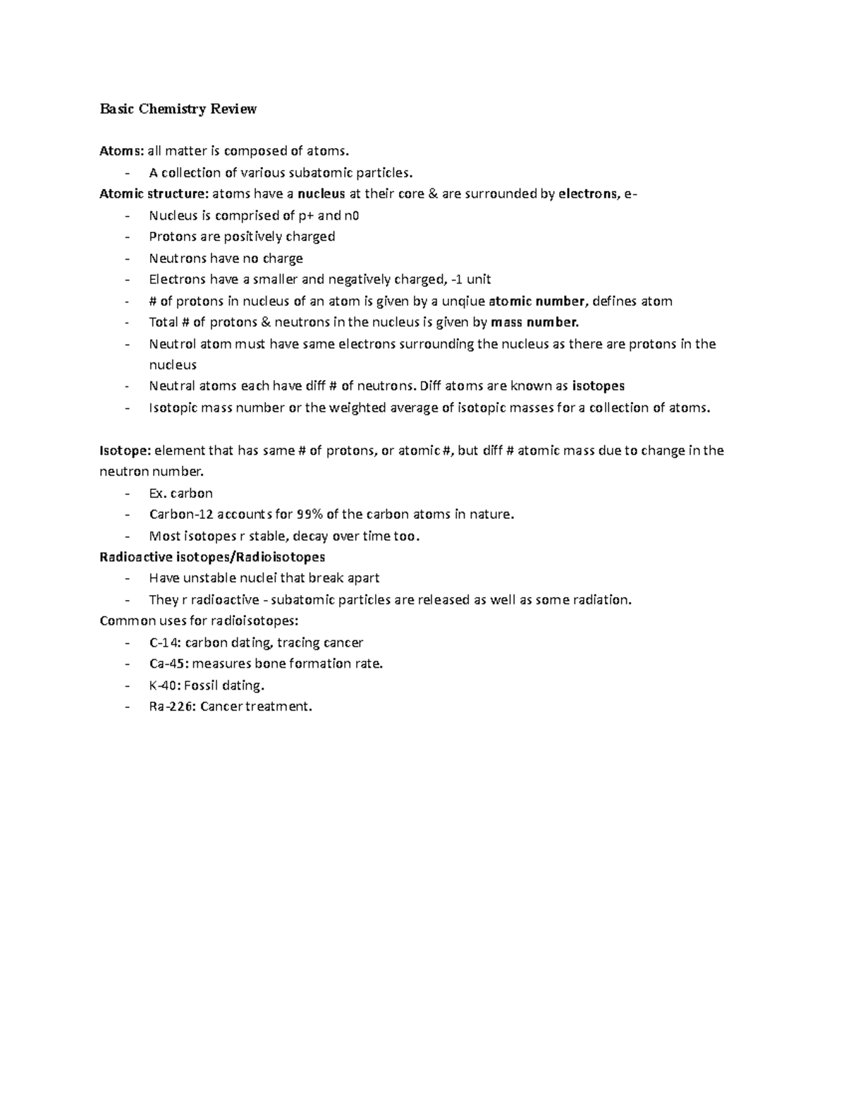 Basic Chemistry Review - Basic Chemistry Review Atoms: all matter is ...