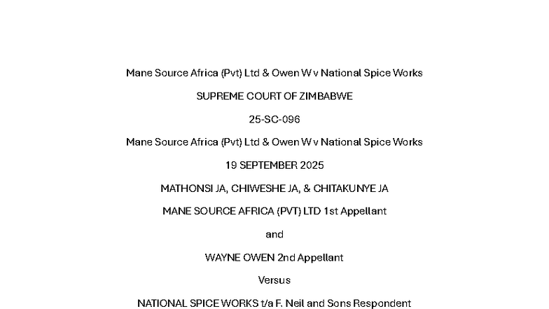 Mane Source Africa (Pvt) Ltd v National Spice Works: Supreme Court ...