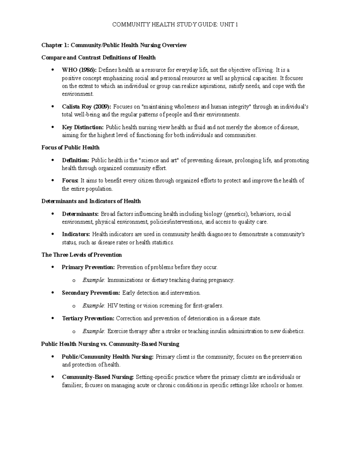 COMMUNITY HEALTH STUDY GUIDE: UNIT 1 Overview and Key Concepts - Studocu