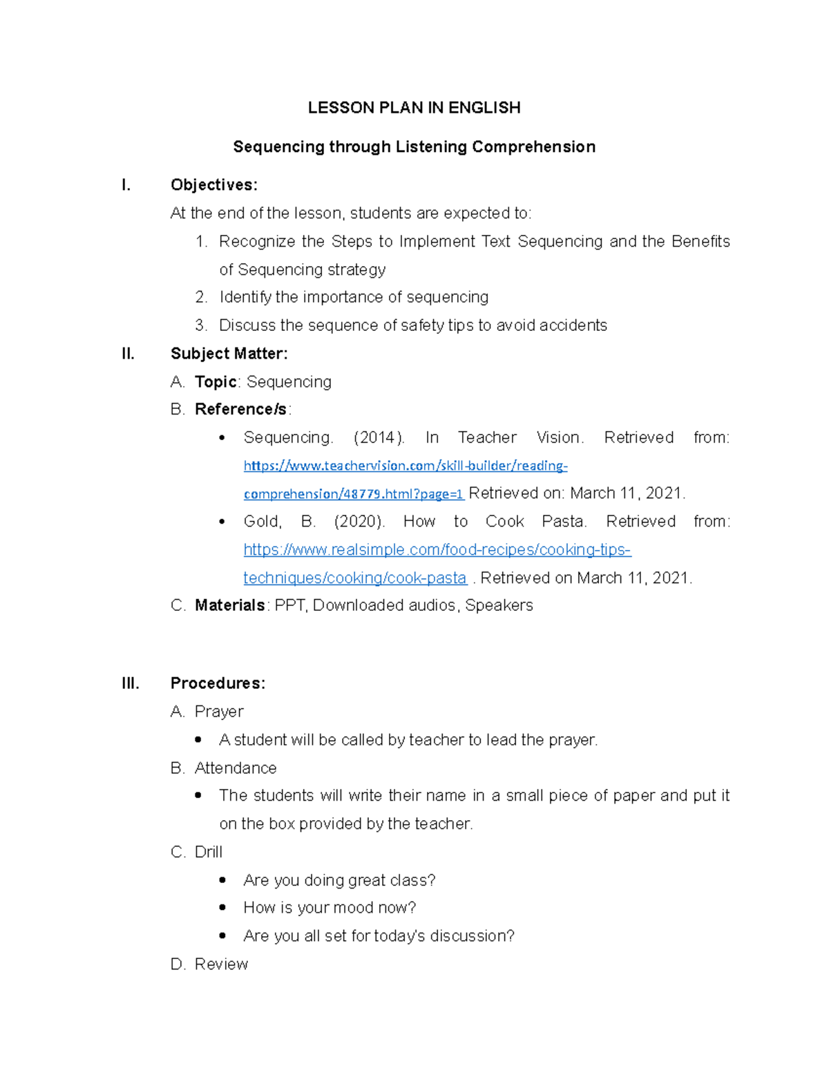 Lesson Plan: Enhancing Listening Skills through Sequencing Activities ...