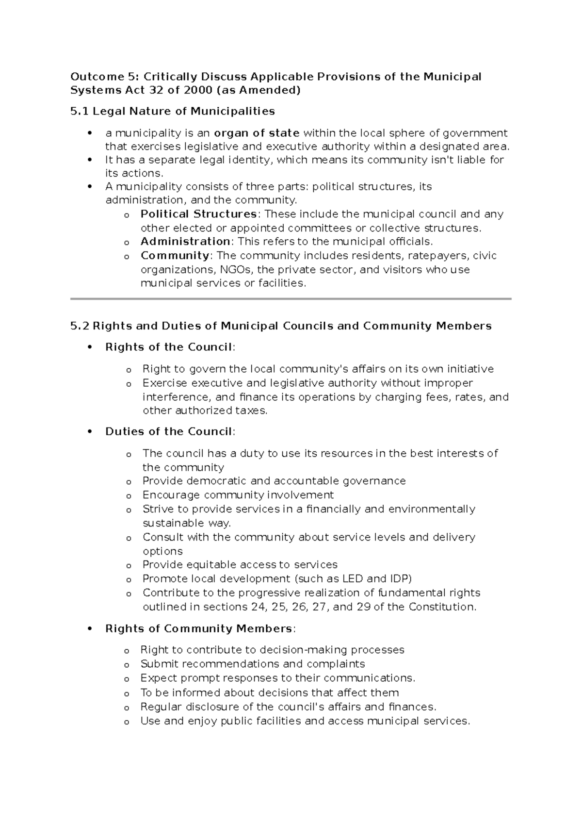 EMMA2624 Outcome 5: Overview of Municipal Systems Act Provisions - Studocu