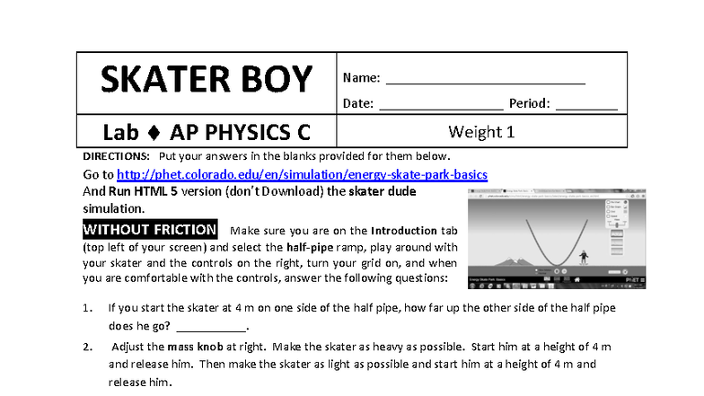 AP PHYSICS C Skater Lab: Exploring Energy Conservation - Studocu