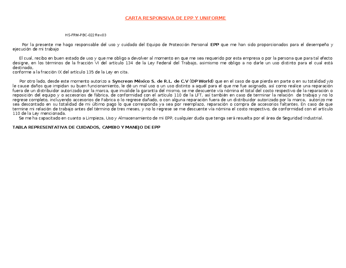 HS-FRM-PBC-022 Carta Responsiva de EPP y Uniforme Rev-03 - Studocu