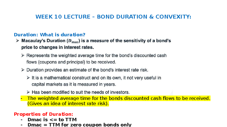 WEEK 10 LECTURE: Bond Duration & Convexity Explained - Studocu