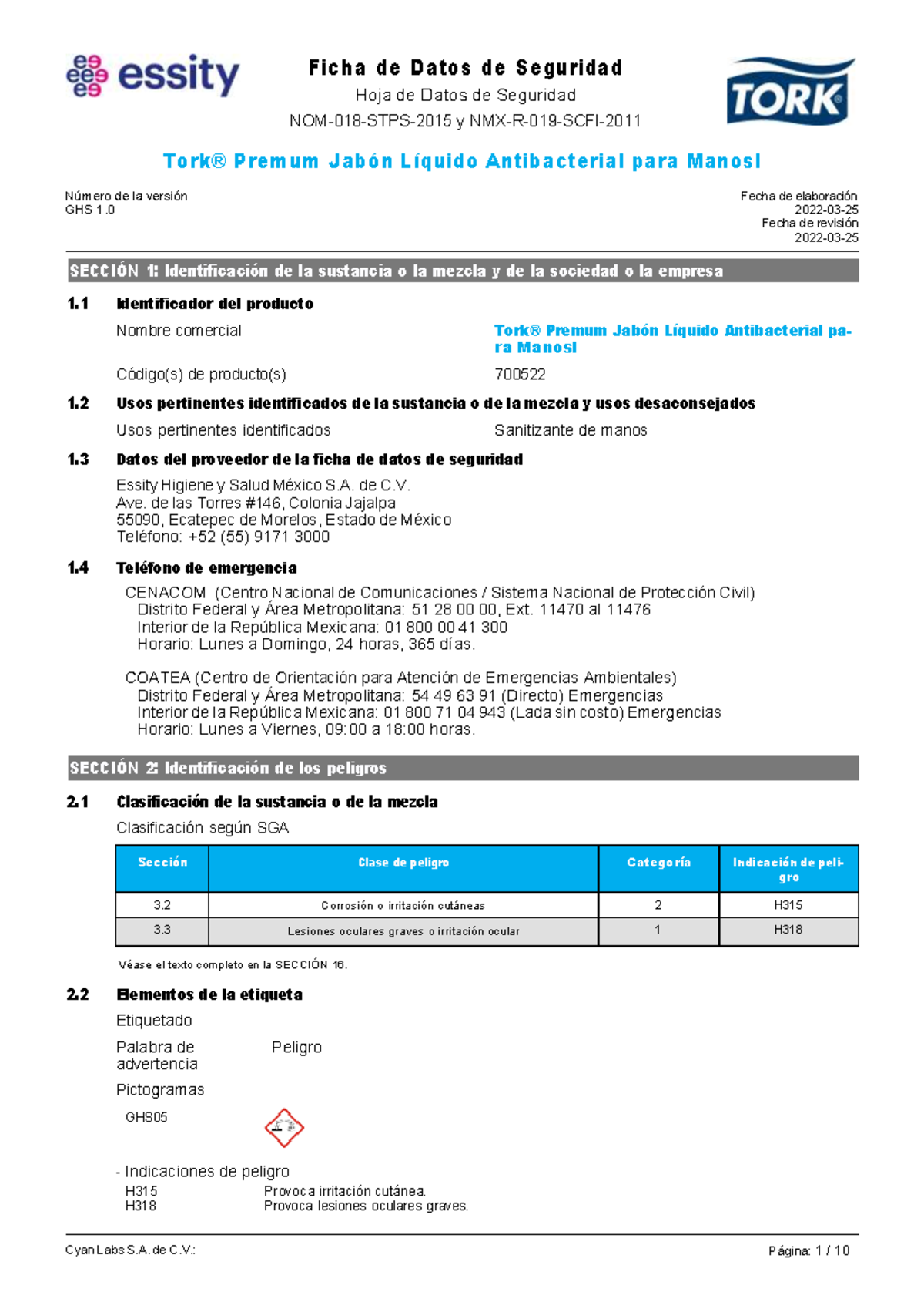 Ficha de Datos de Seguridad: Jabón Líquido Antibacterial TORK GHS 1.0 ...