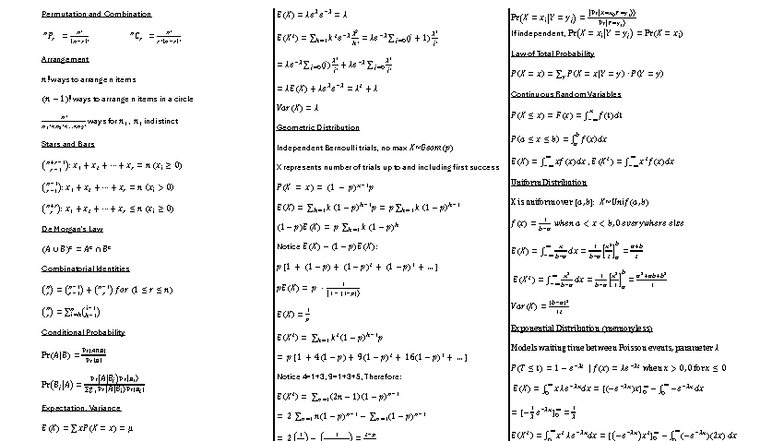 MH2500 Cheat Sheet: Permutations, Combinations, and Distributions - Studocu