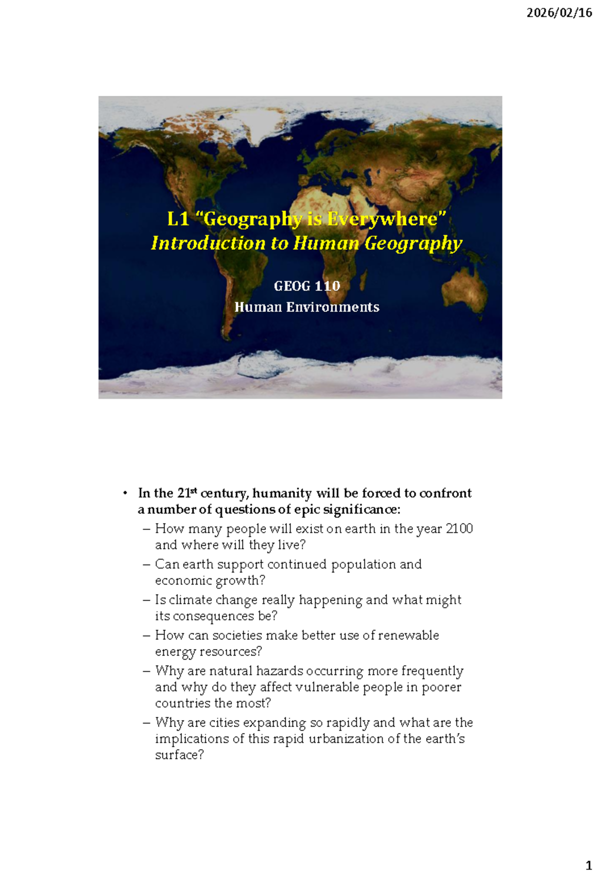 Introduction to Human Geography GEOG110: Understanding Human ...