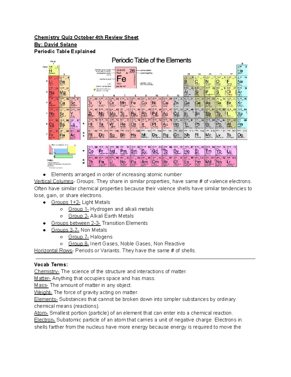 Chemistry Quiz (October 4th) Review Sheet: Periodic Table Insights ...