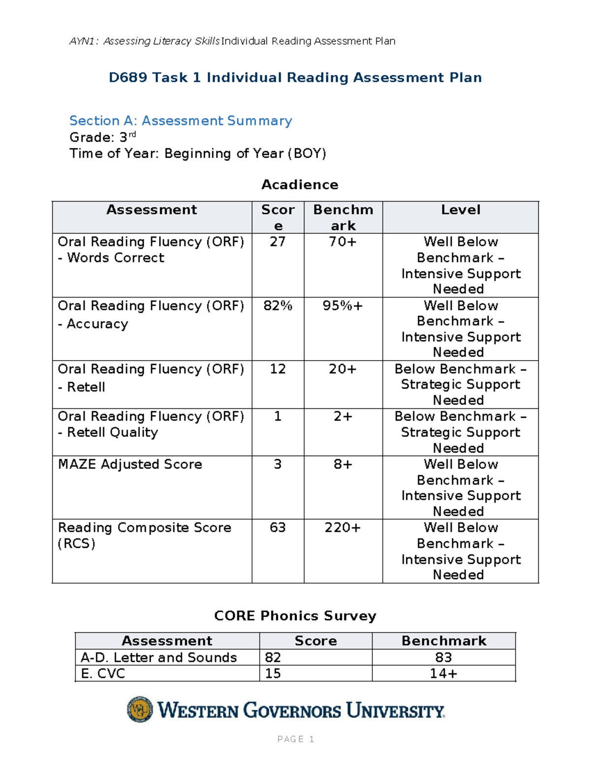 AYN1: D689 Individual Reading Assessment Plan & Progress Monitoring ...