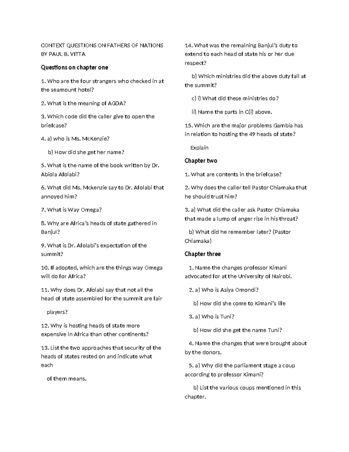 Context Questions on Fathers of Nations by Paul B. Vitta - Studocu