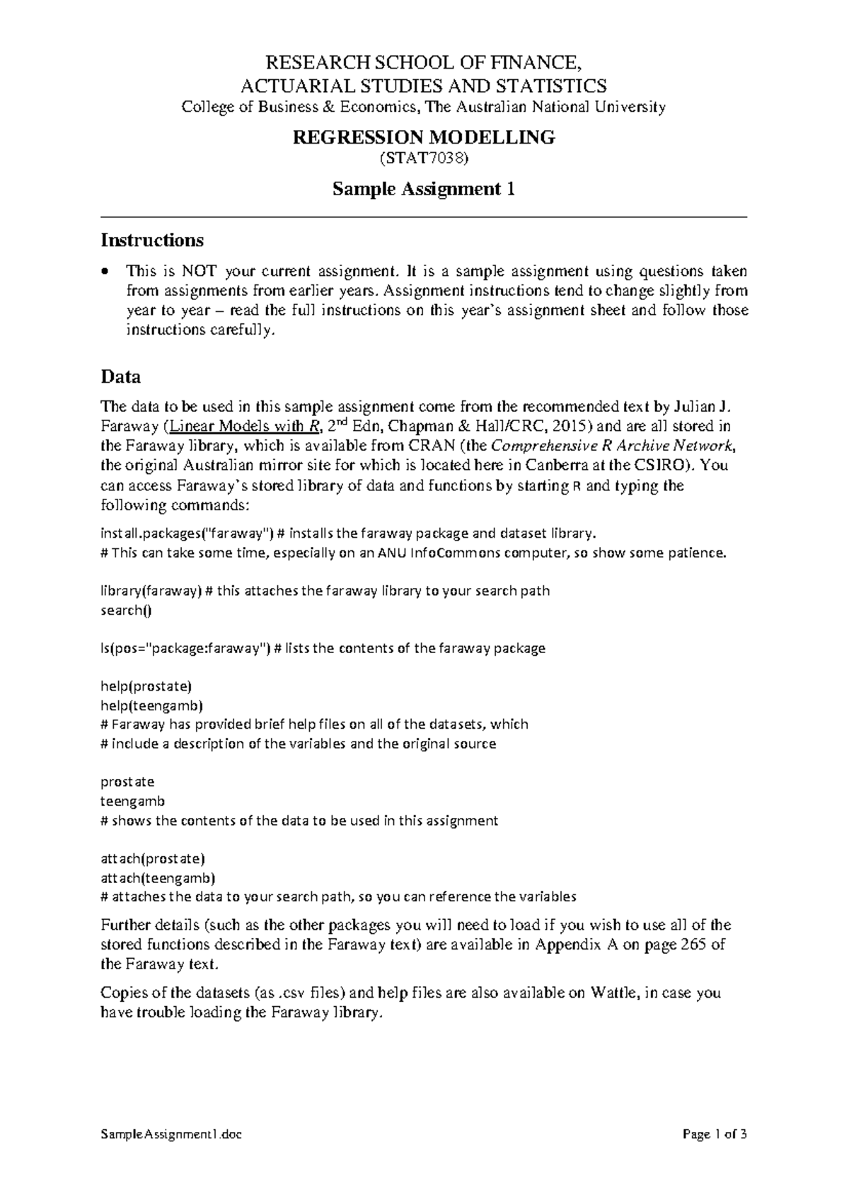 Sample Assignment 1: Regression Modelling (STAT7038) Analysis Guide ...