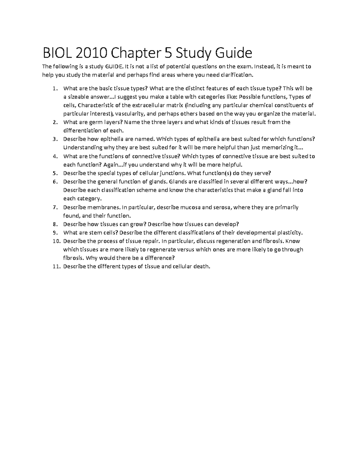 BIOL 2010 Chapter 5 Study Guide: Understanding Tissue Types - Studocu