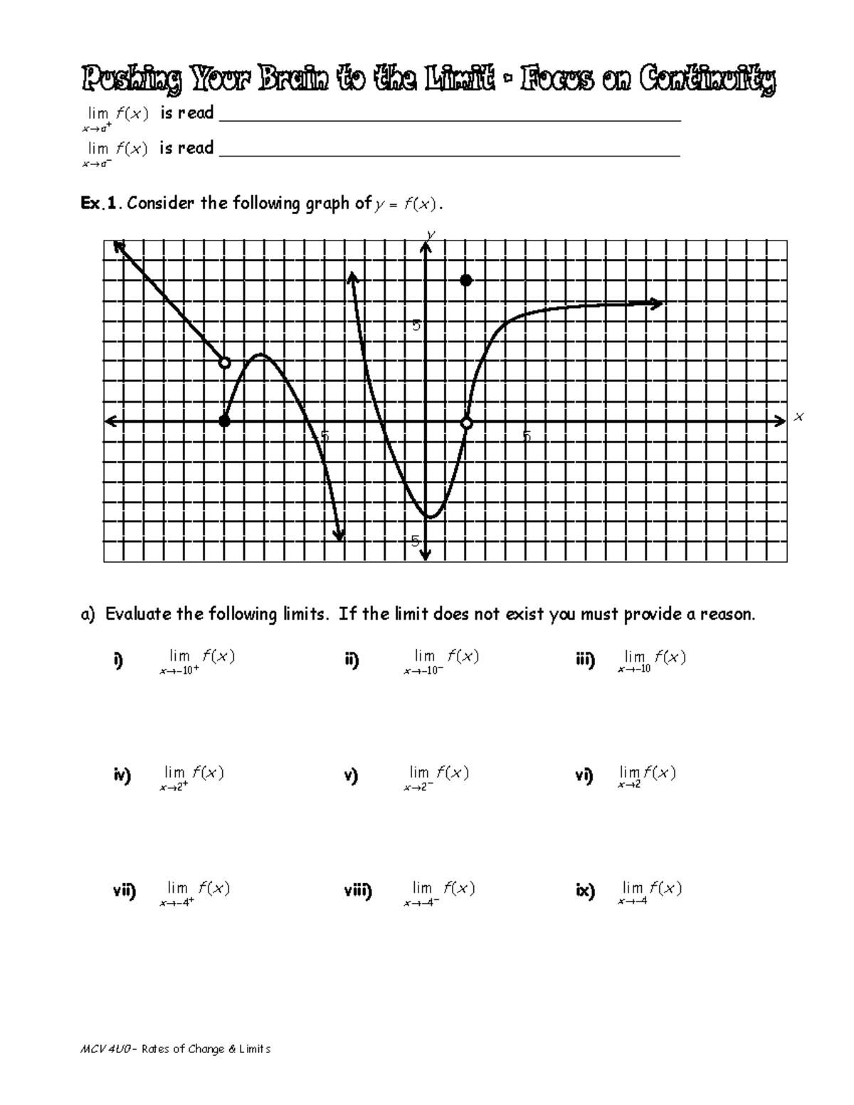 Pushing Your Brain to the Limit- Continuity - MCV 4U0 – Rates of Change ...