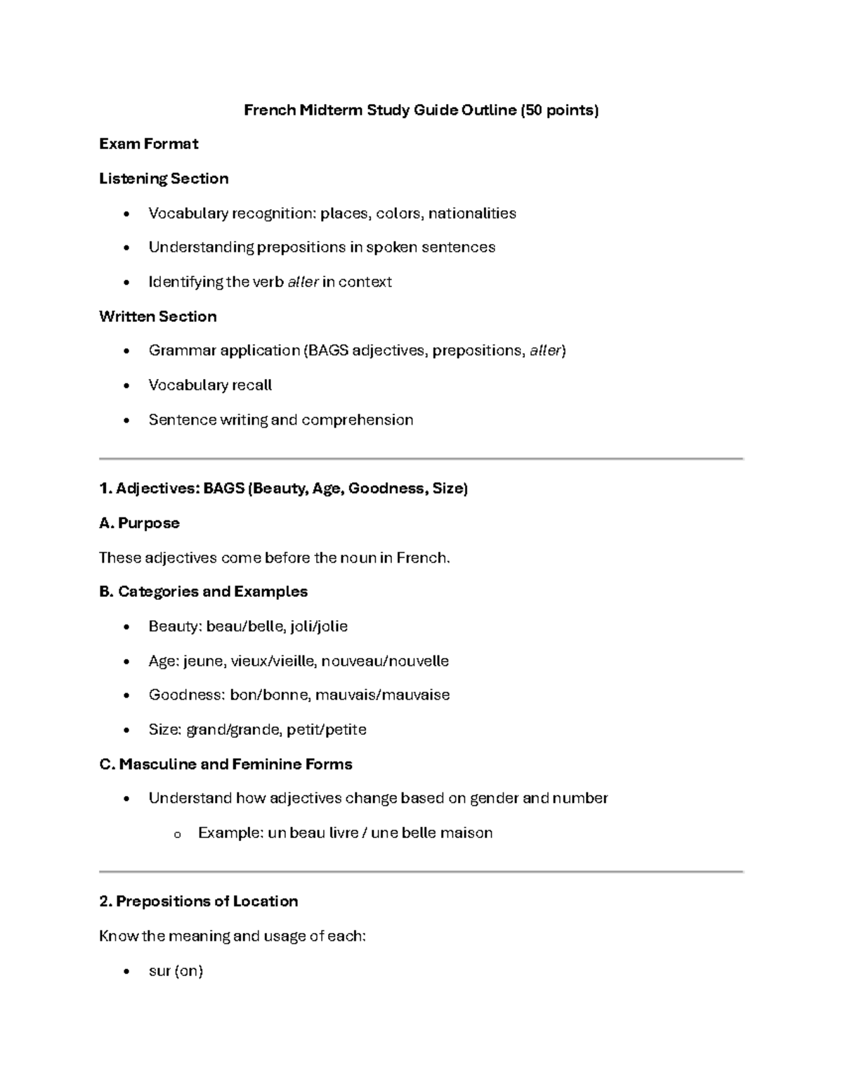French II Midterm Study Guide Outline (2026) - Studocu