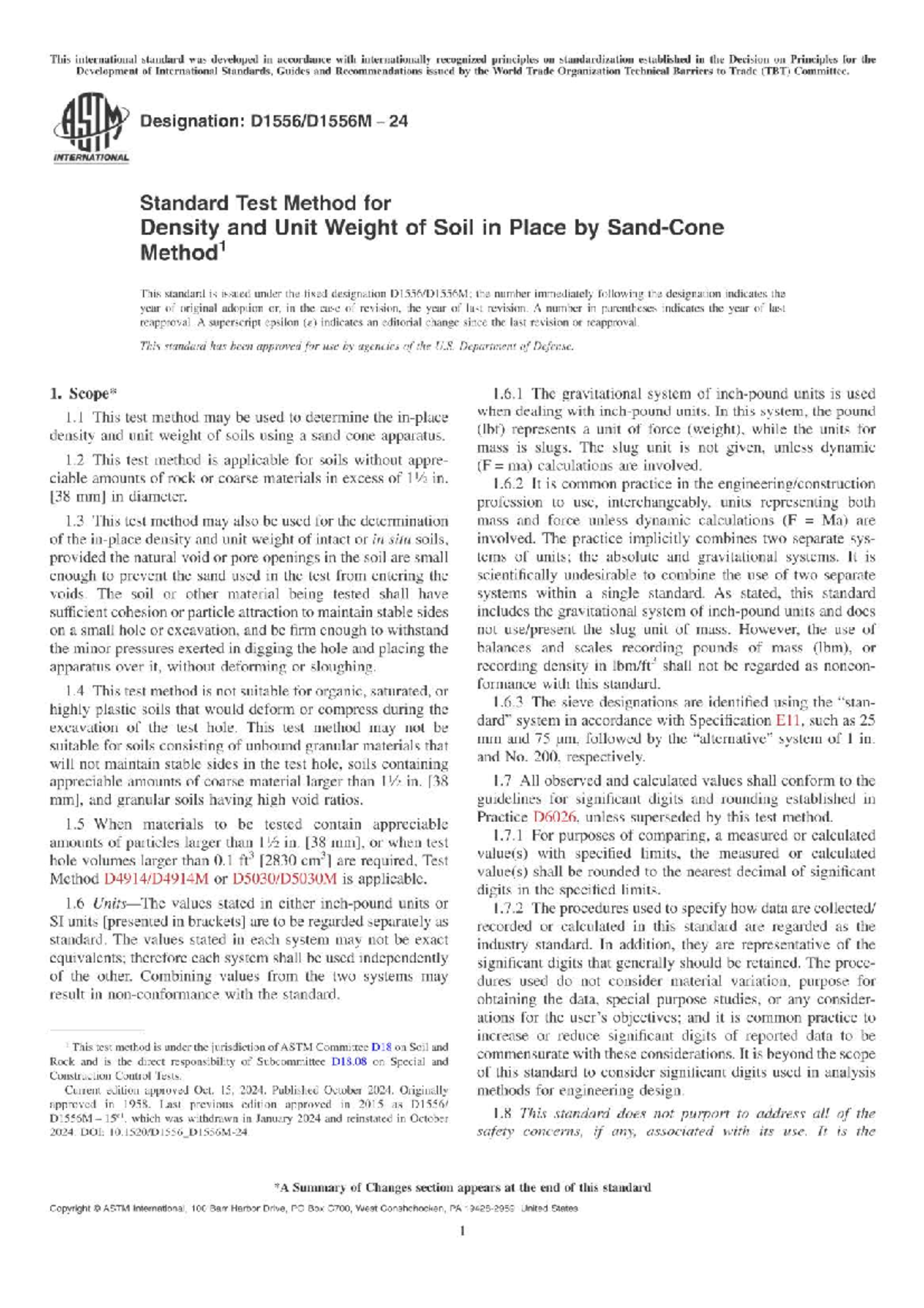 D1556-24 - International Standard Test Method for Soil Density & Unit ...