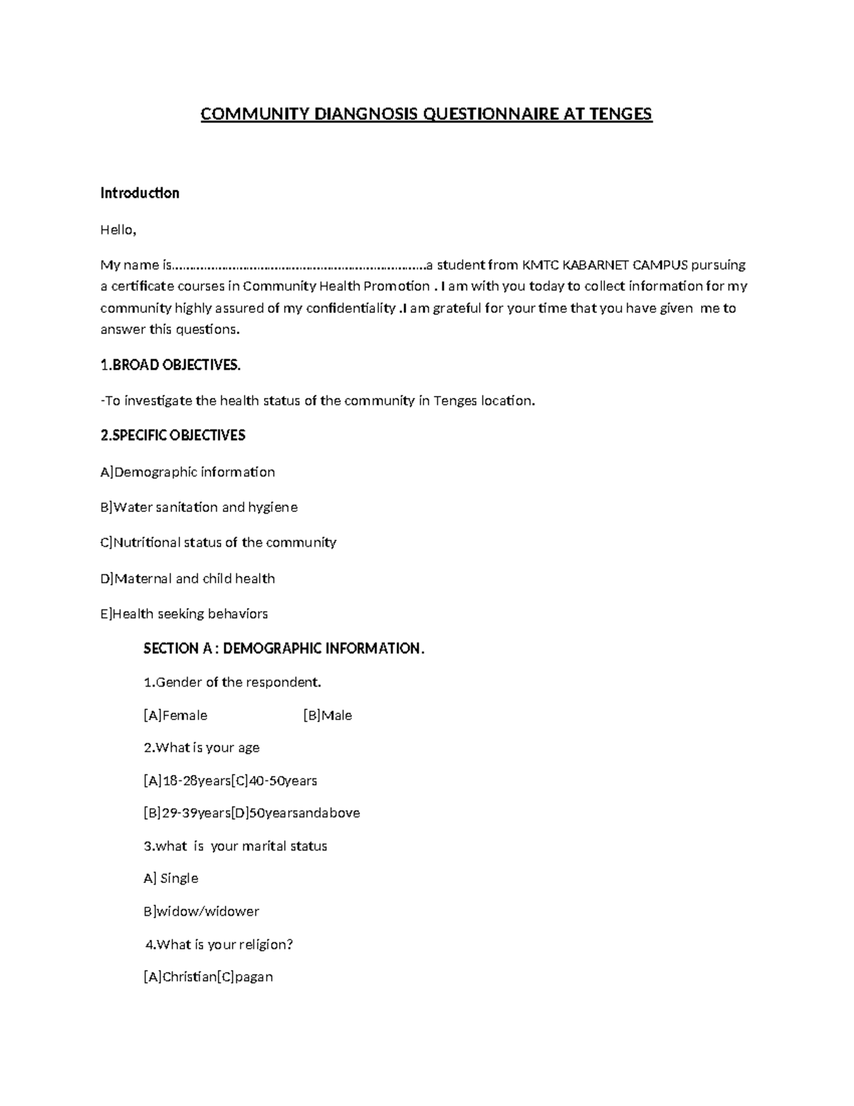 Community Diangnosis Questioner AT Tenges Bbbbb - COMMUNITY DIANGNOSIS QUESTIONNAIRE AT TENGES ...